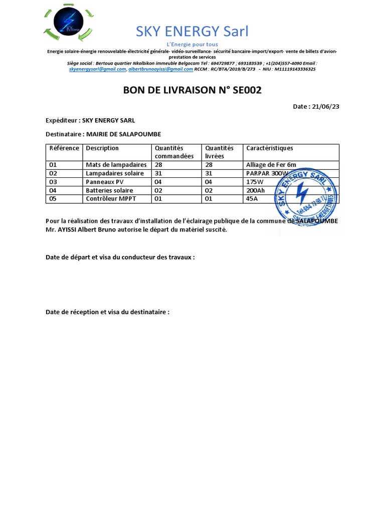 Bon de Livraison SKY ENERGY Sarl | PDF