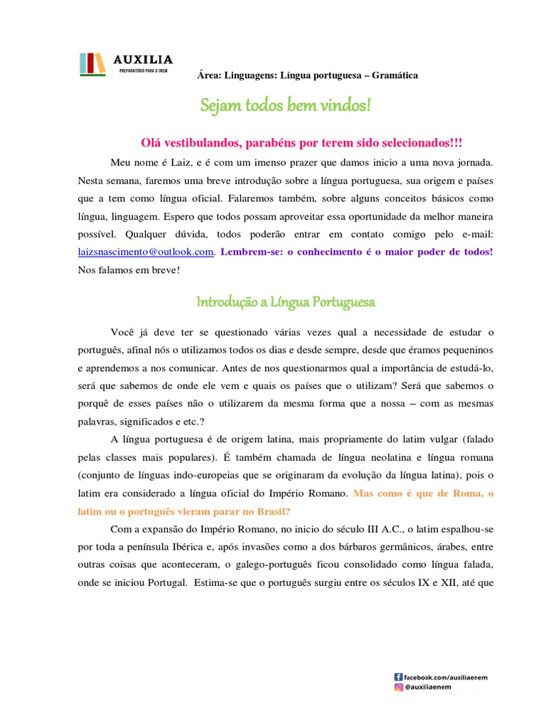 Português Aula 1 Pdf Português Idioma Gramática