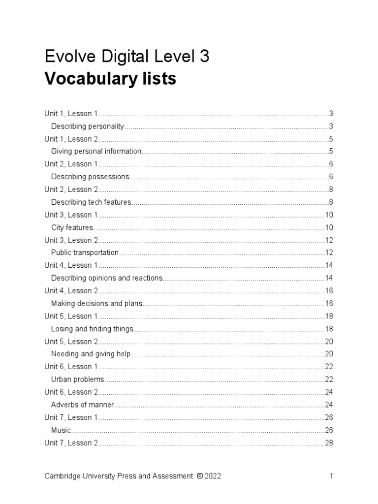 Vocabulary Lists: Evolve Digital Level 3 | PDF | Chemistry | Computer File