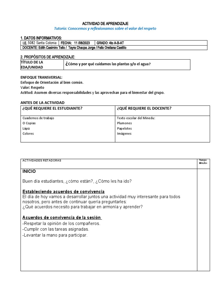 Tutoría Conocemos Y Reflexionamos Sobre El Valor Del Respeto Pdf