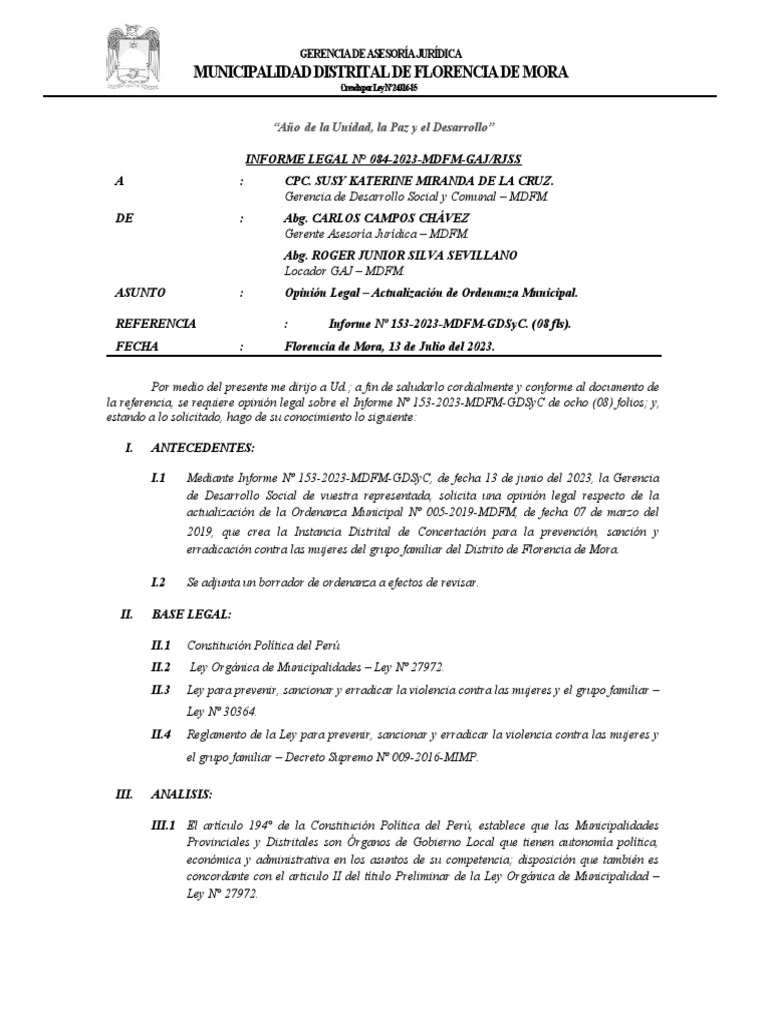 INFORME 084-2023 - Actualización de Ordenanza | PDF | Gobierno local | Ley administrativa