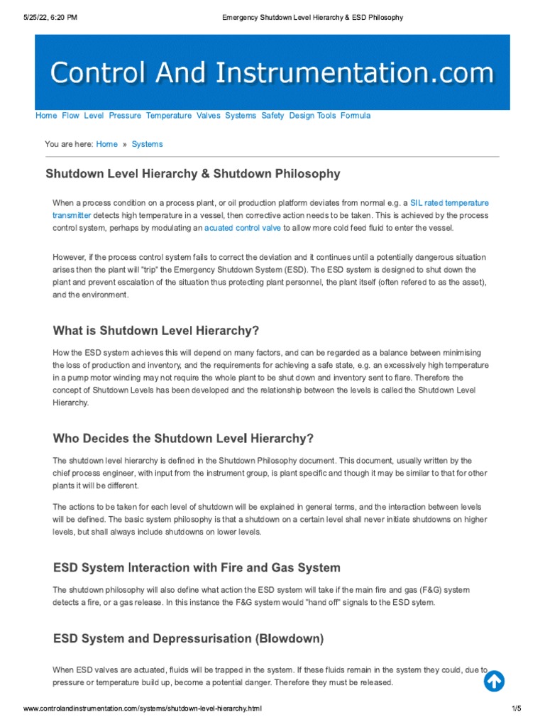 Emergency Shutdown Level Hierarchy & ESD Philosophy | PDF