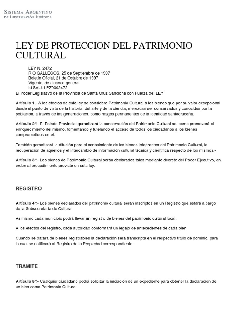 Ley de Proteccion Del Patrimonio Cultural 2472 | PDF | Patrimonio cultural | Bienes (Ley)