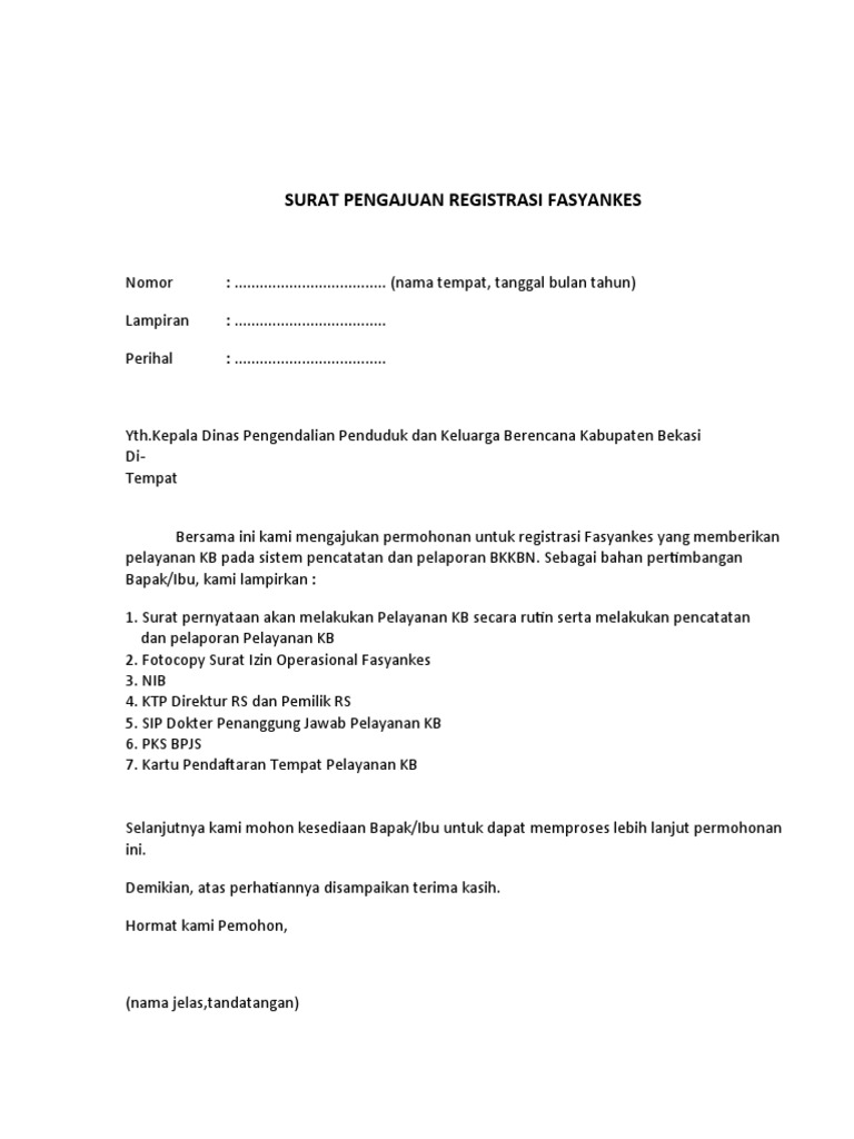 Surat Permohonan Registrasi Fasyankes | PDF