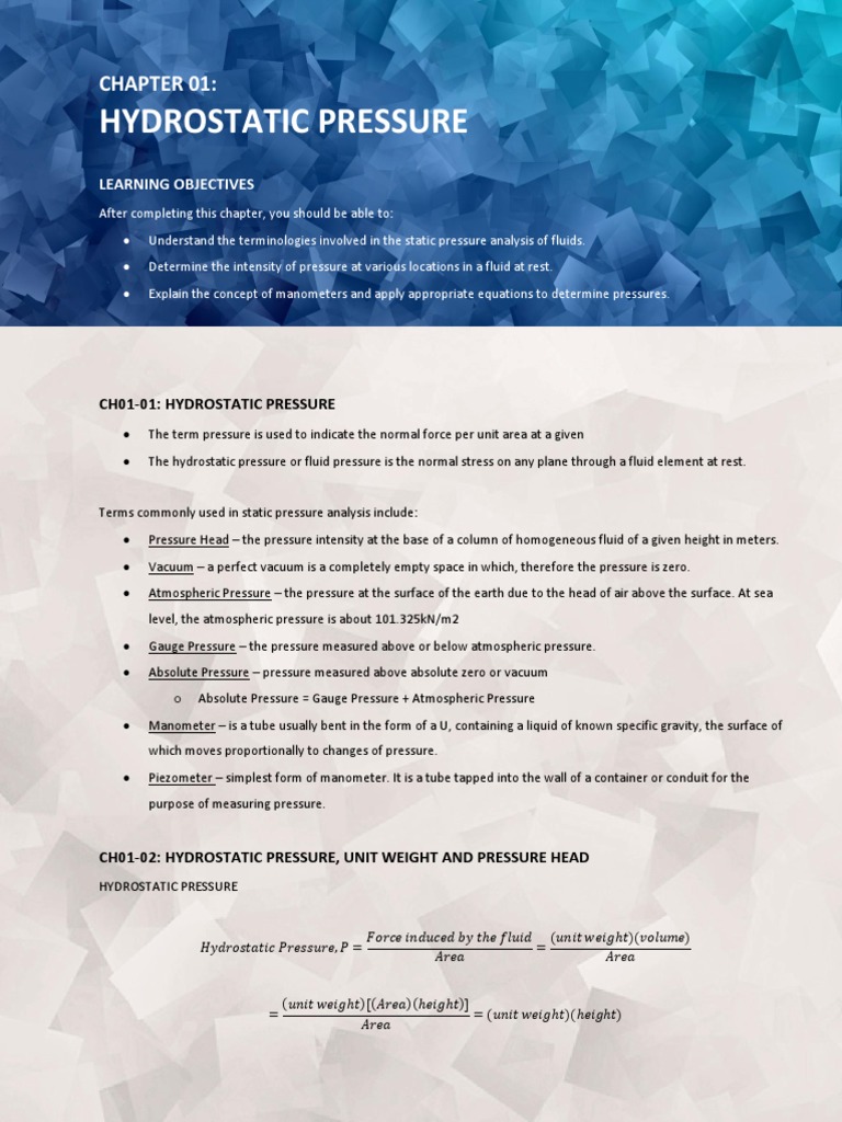 FLUID MECHANICS CHAP01 - Hydrostatic Pressure | Download Free PDF | Pressure | Pressure Measurement