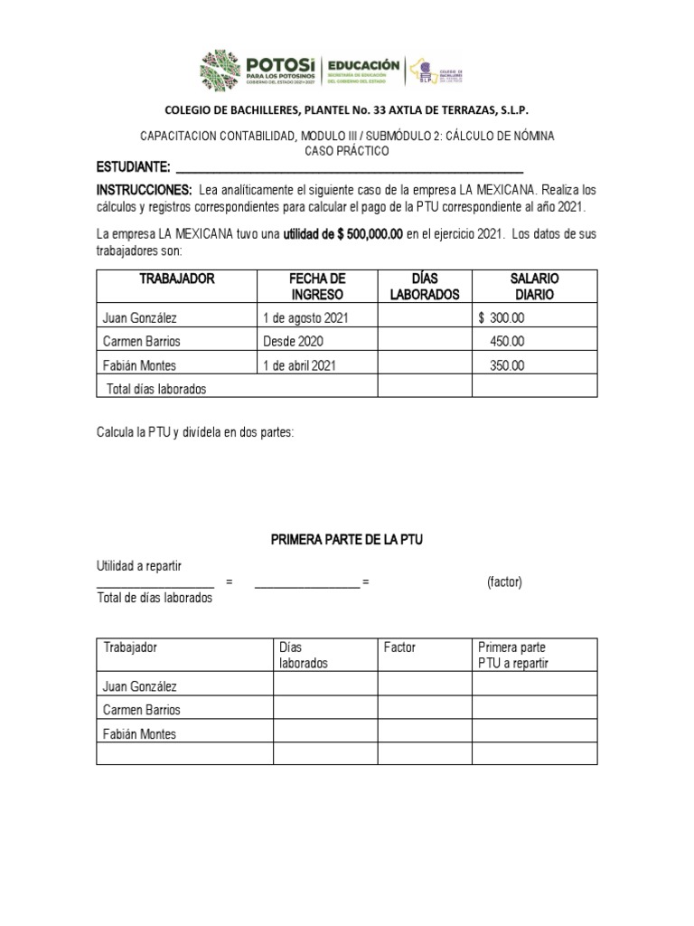 PRACTICA Calculo de Nomina PTU | PDF