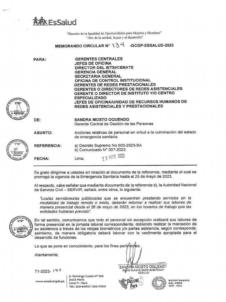 Culminación de Estado de Emergencia - MEMORANDO CIRCULAR N 134-GCGP-ESSALUD-2023 | PDF