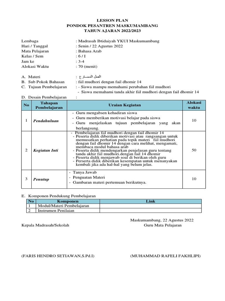 (PERANGKAT PEMBELAJARAN) - Lesson Plan/RPP Bahasa Arab Kelas 6 MI/SD ...