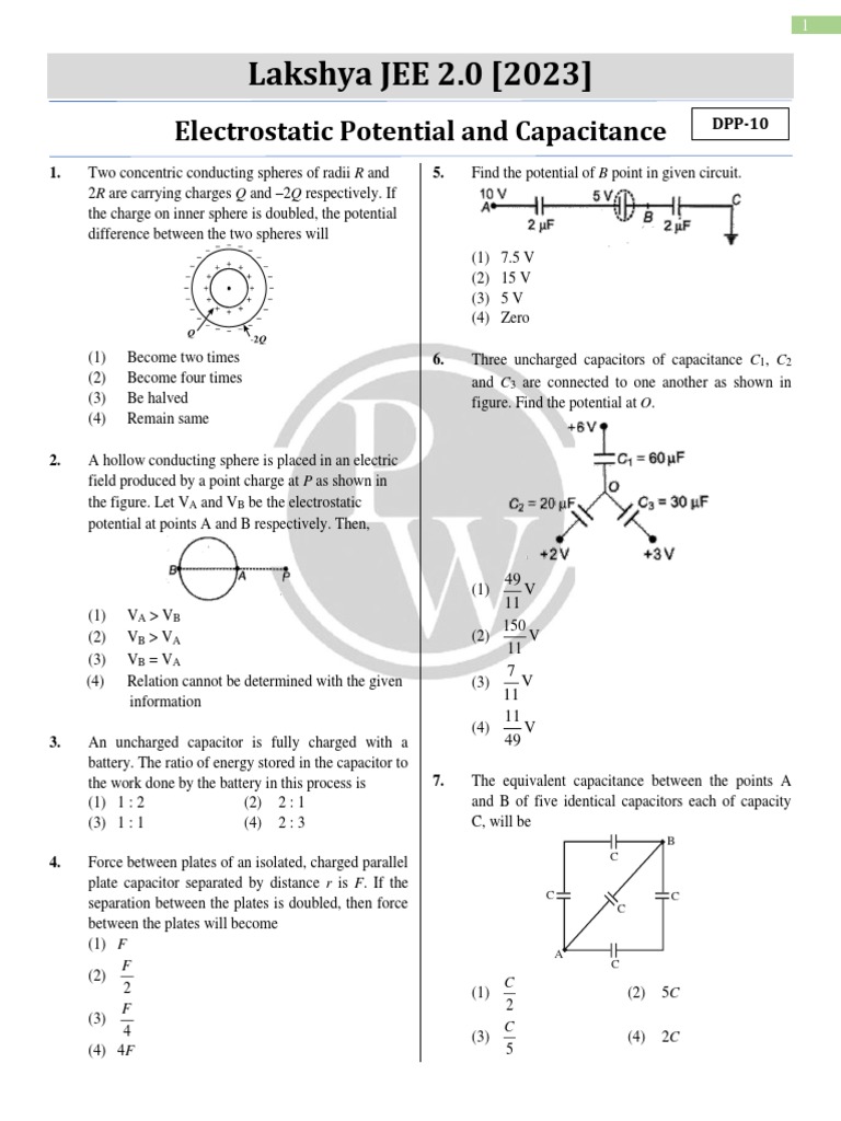 Electrostatic Potential and Capacitance _ DPP 10 (Extra DPP) | PDF | Capacitor | Capacitance