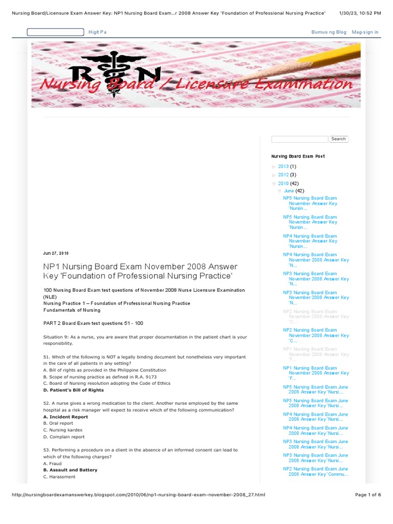 Nursing Board:Licensure Exam Answer Key: NP1 Nursing Board Exam ...