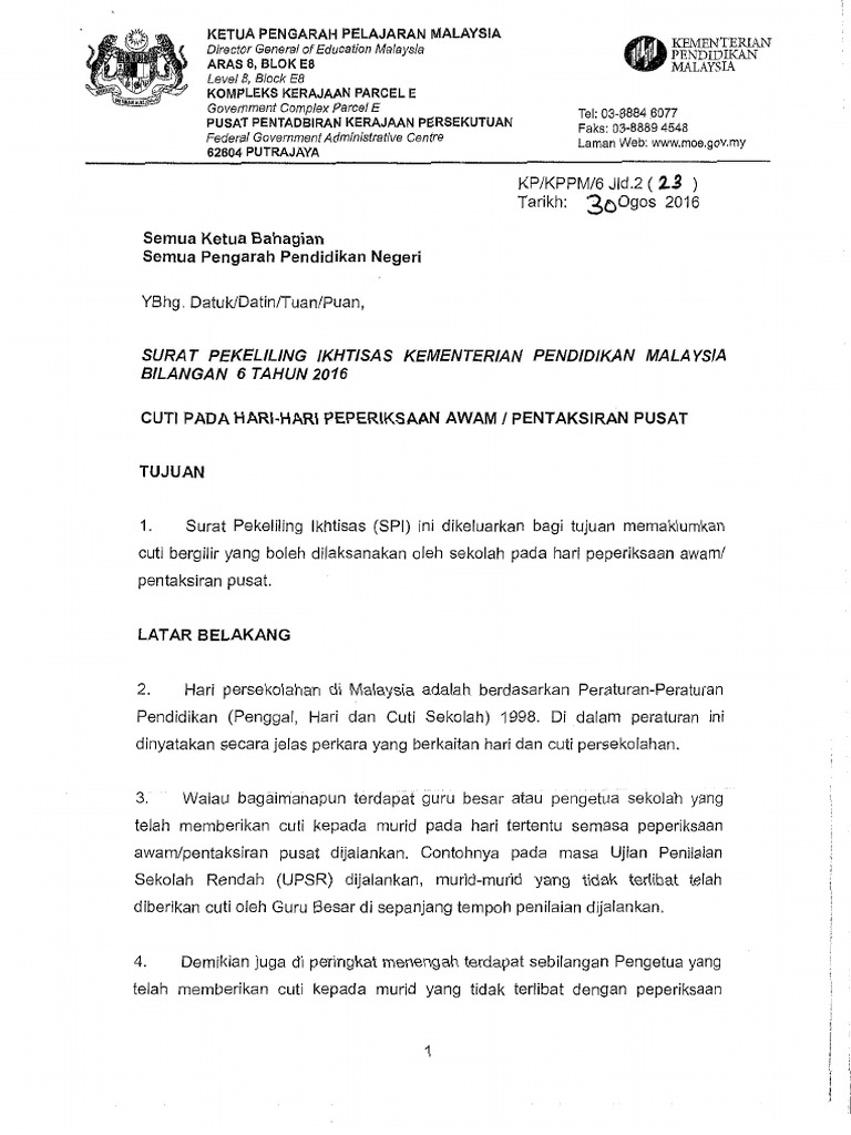 Surat Pekeliling Ikhtisas KPM Bil 6 2016 Cuti Pada Hari Peperiksaan ...