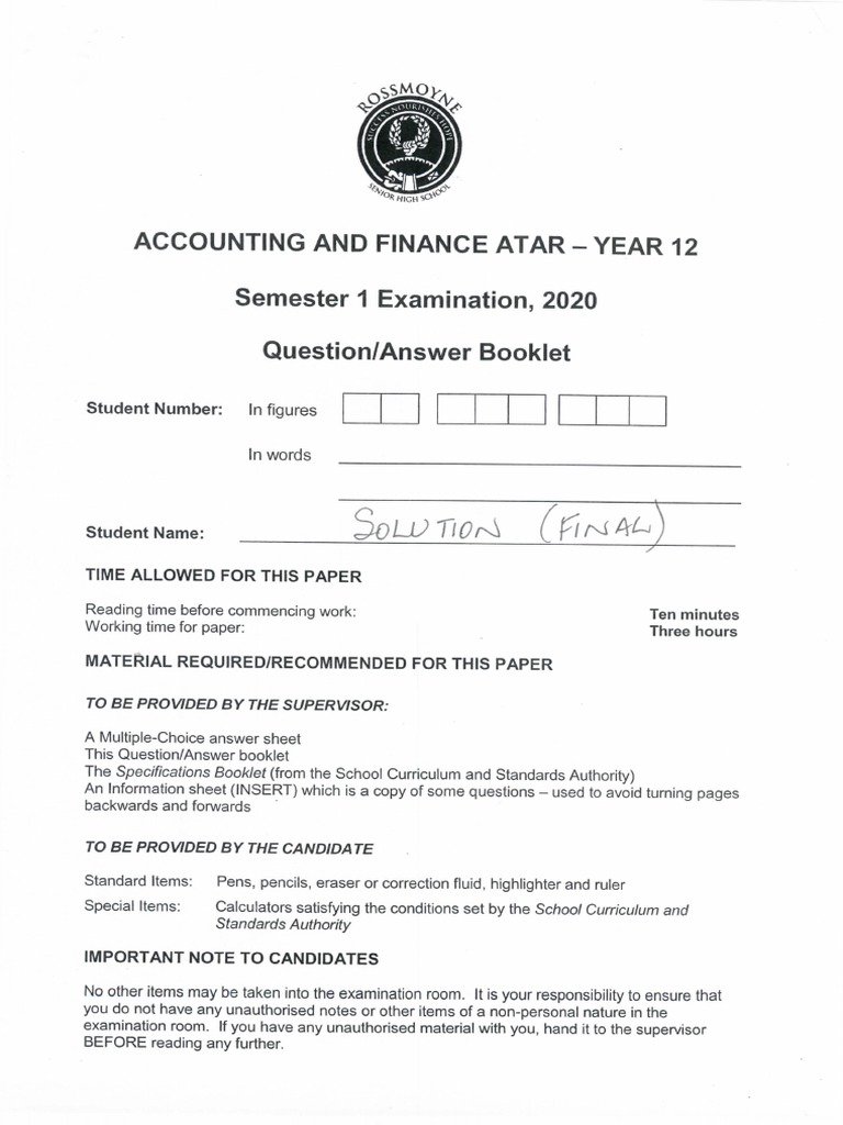 2020 - Solution To Semester 1 Exam - Unit 3 | PDF