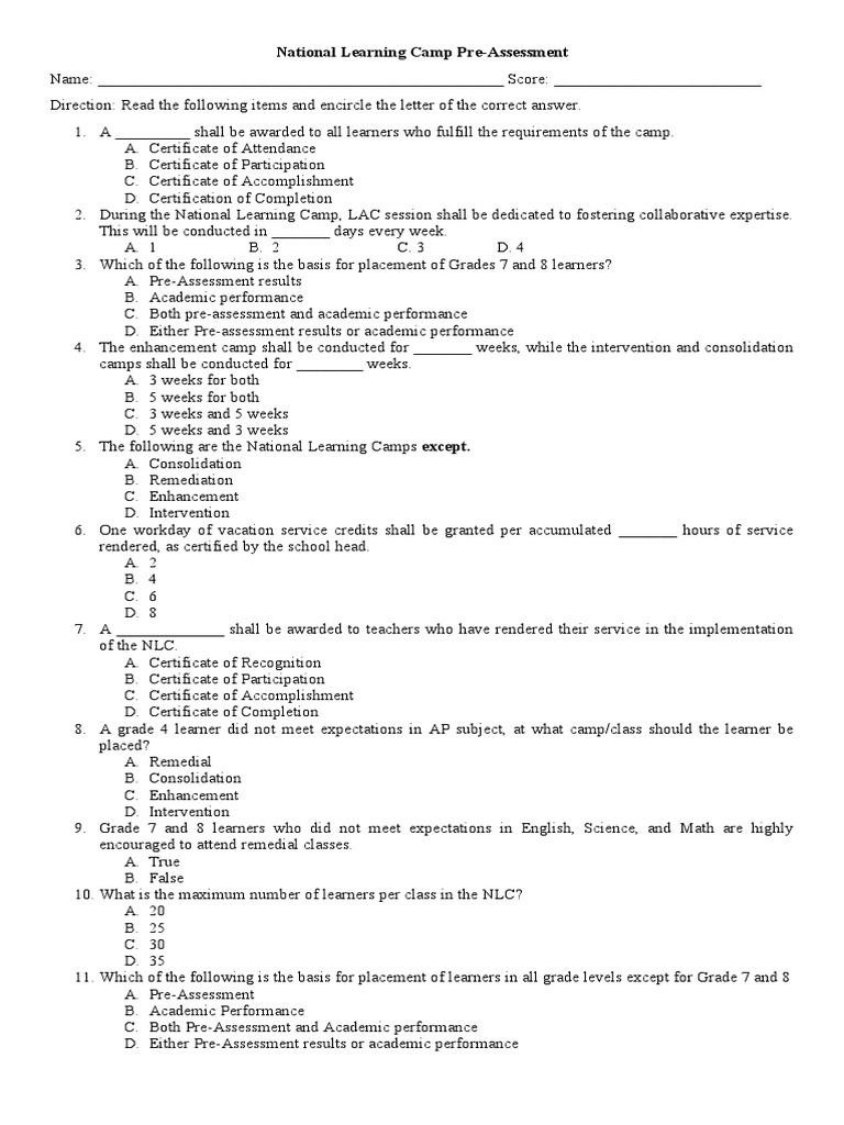 National Learning Camp Pre-Assessment | Download Free PDF | Behavior ...