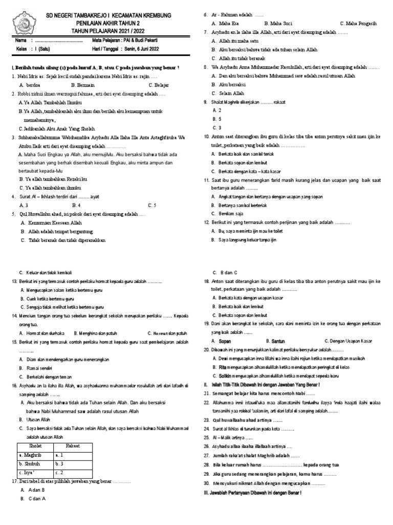 Soal Kelas 1 PAI PAT 2022 | PDF