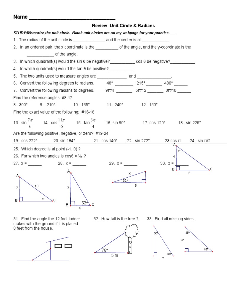 1 Test Review Unit Circle Pdf Angle Geometric Measurement