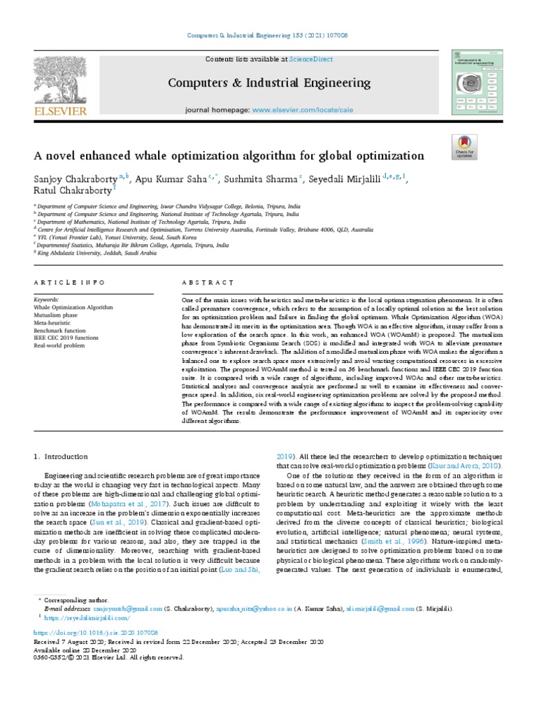 A Novel Enhanced Whale Optimization Algorithm For Global Optimization | PDF