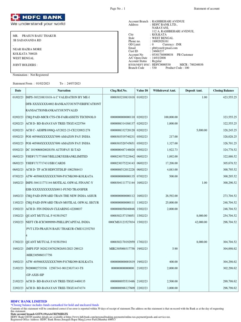 Date Narration Chq./Ref - No. Value DT Withdrawal Amt. Deposit Amt ...