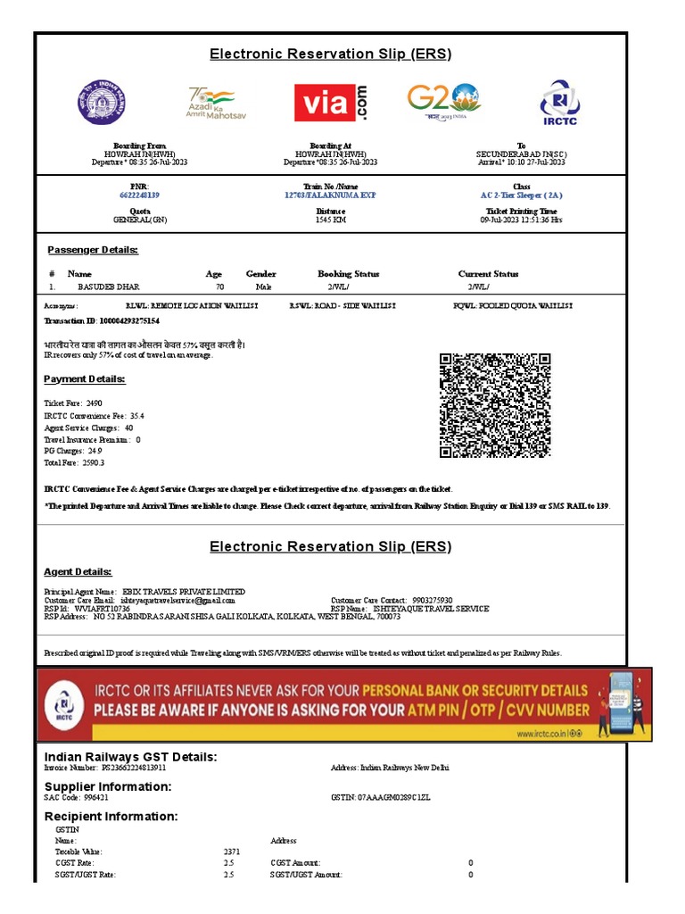 Electronic Reservation Slip (ERS) : Passenger Details | Download Free ...
