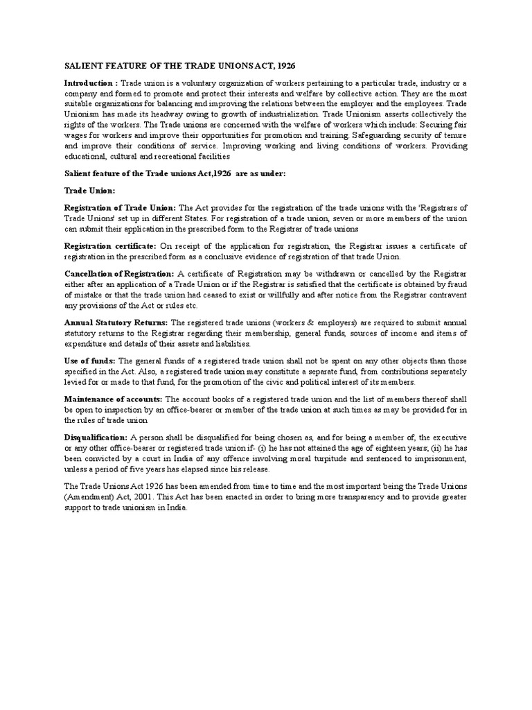 SALIENT FEATURES OF TRADE UNION ACT | PDF | Employment | Trade Union