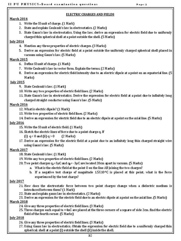 II Pu Board Exam Physics Questions Chapterwise - 14-20 | PDF ...