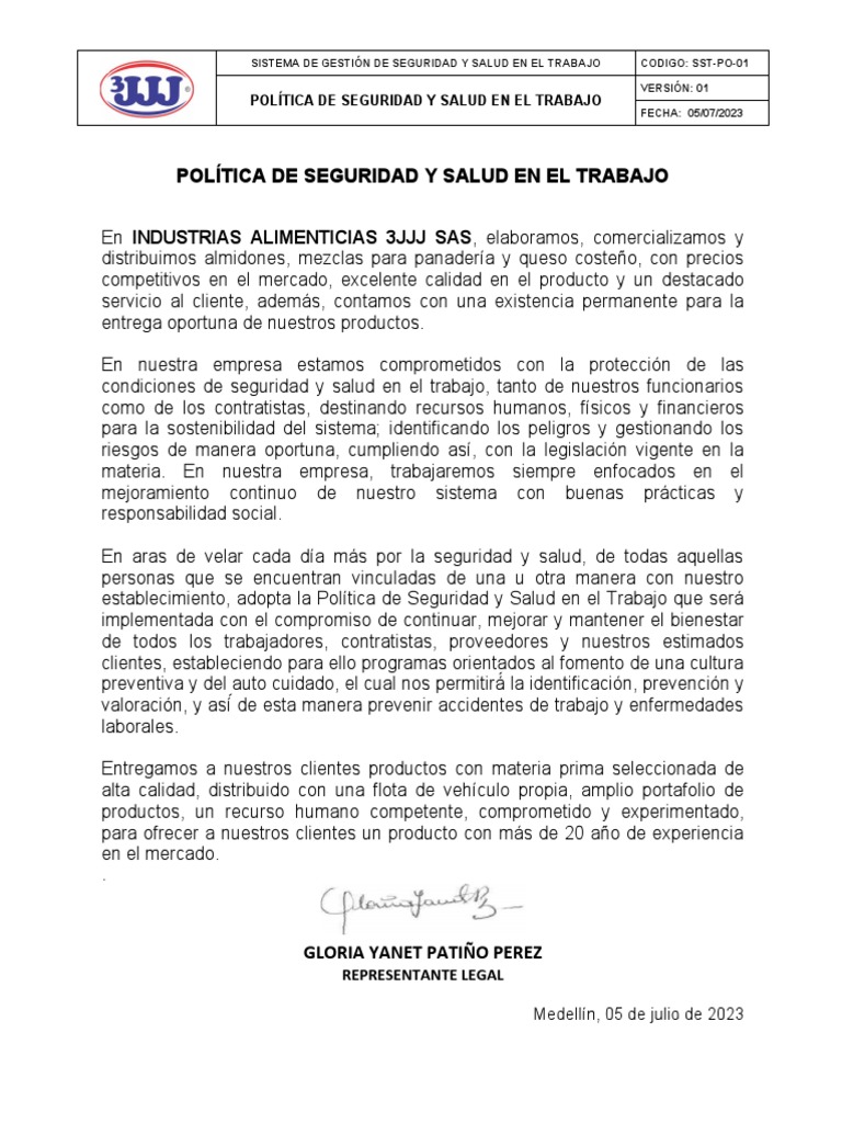 2.1.1. Política de Seguridad y Salud en El Trabajo | PDF