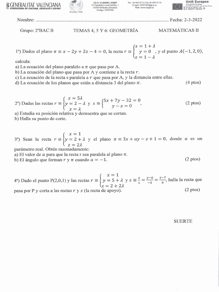 2º Examen Geometria (Temas 4-5-6) | PDF