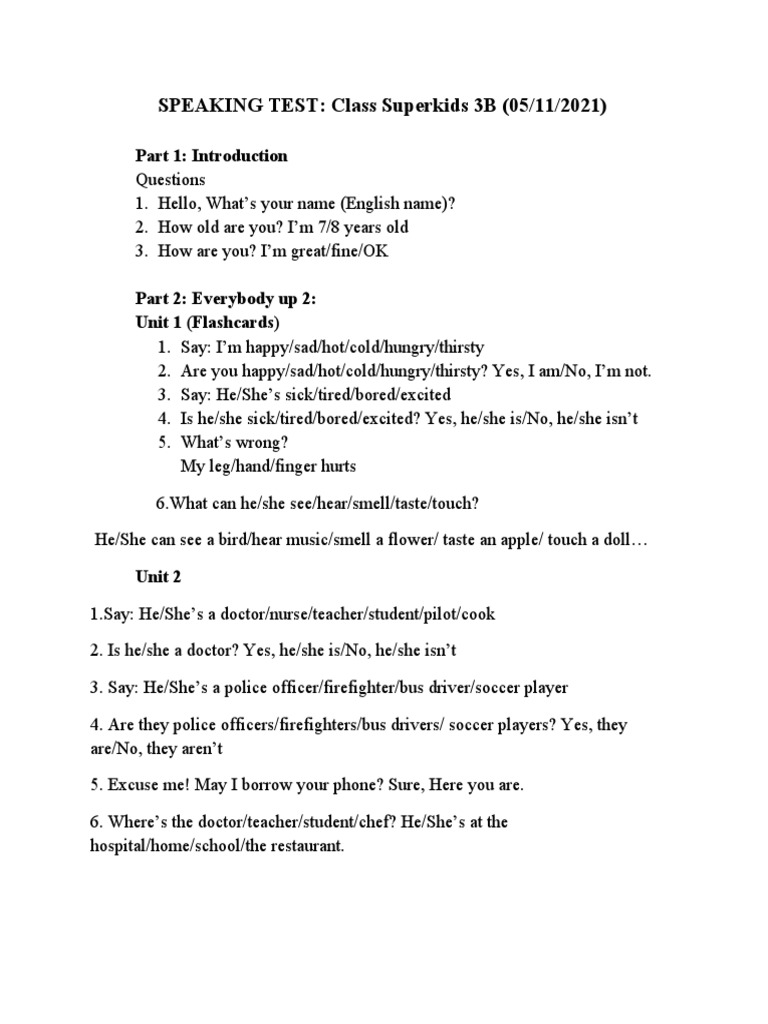 Speaking Test - Kids3b | PDF
