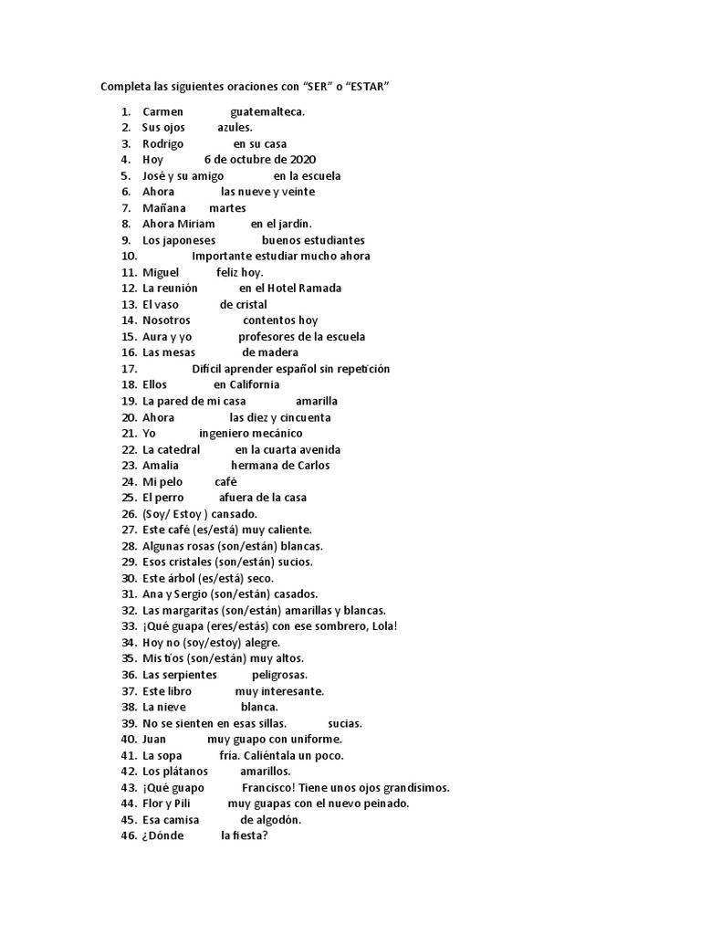 Completa Las Siguientes Oraciones Con Ser y Estar | PDF