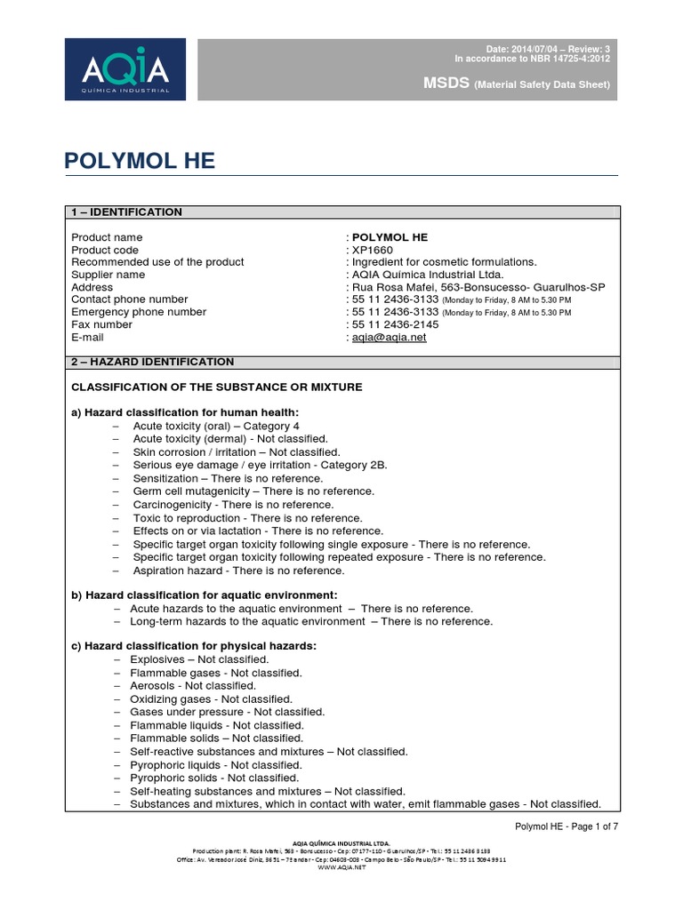 POLYMOL HE Msds Eng | PDF | Toxicity | Dangerous Goods