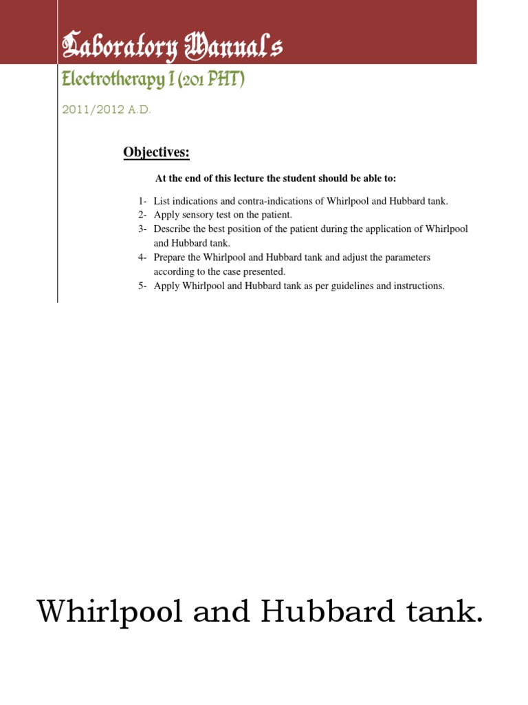 Lab Manuals, Whirlpool and Hubbard Tank | PDF | Injury | Physical Therapy