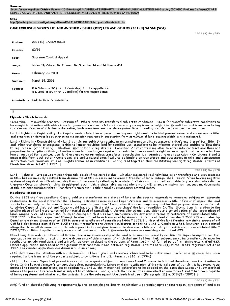 Cape Explosive Works LTD and Another V Denel (Pty) LTD and Others 2001 (3) Sa 569 (Sca) | PDF ...