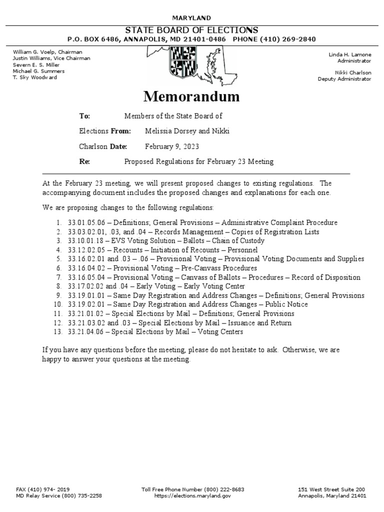 Memorandum On Regulation Changes To COMAR 2 9 2023 | PDF | Postal ...