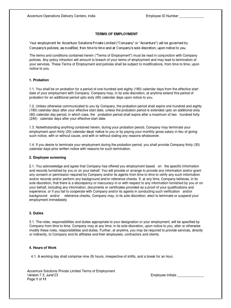 Accenture India Employment Terms | PDF | Breach Of Contract | Trade Secret