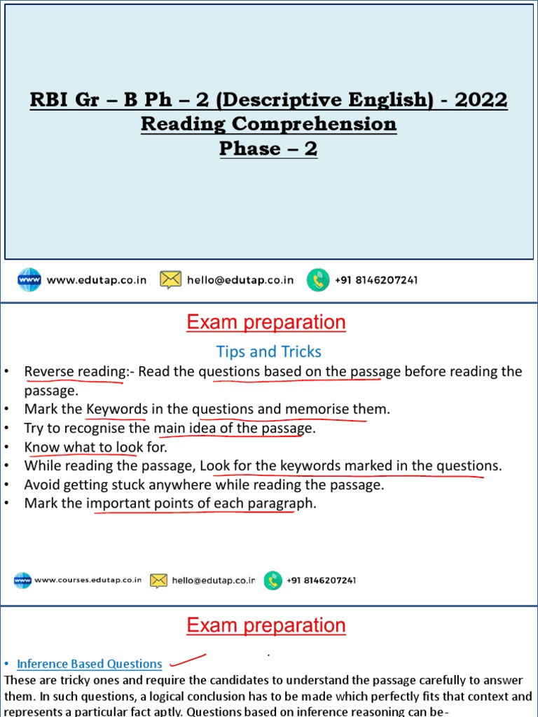 RBI Phase 2 Lecture 3 Descriptive English Reading Comprehension | PDF