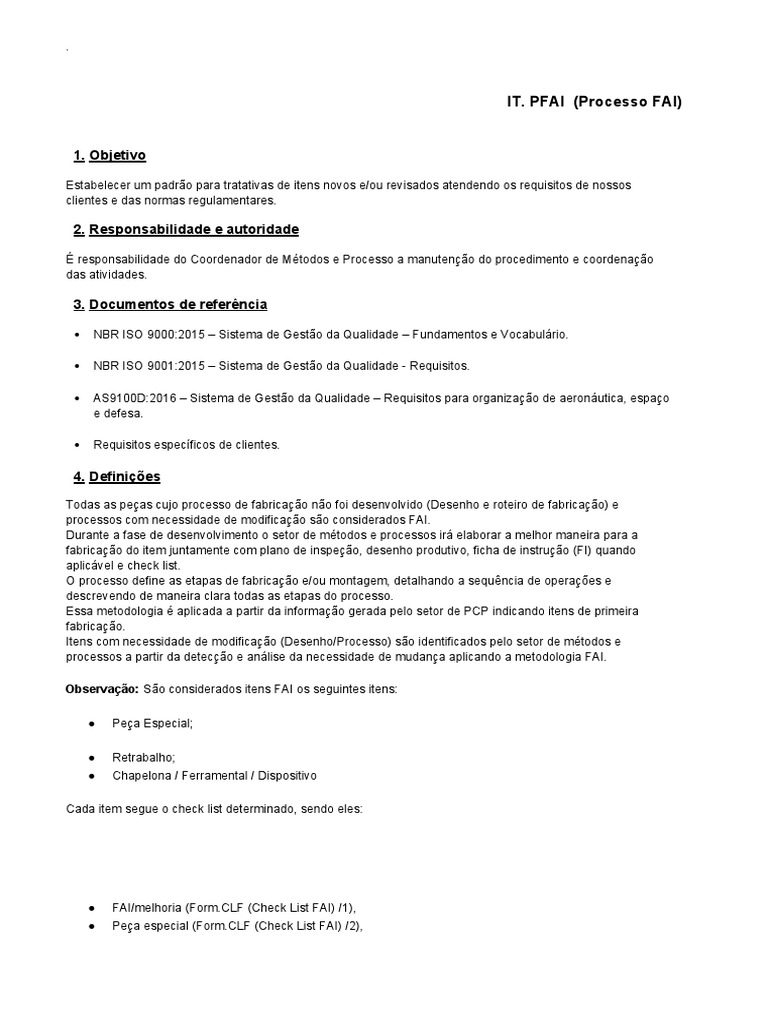 It Pfai (Processo Fai) Rev.08 | PDF | Gestão de qualidade | Qualidade ...