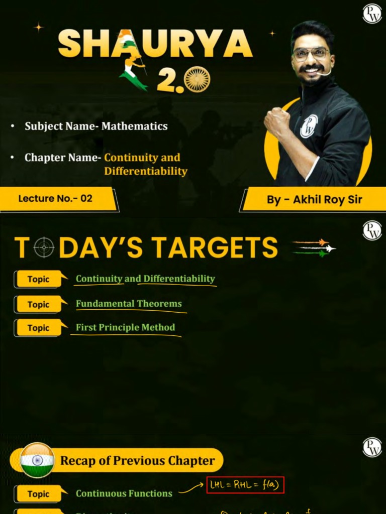 Lecture - 02 - Continuity and Differentiability - Maths - Shaurya 2.0 - Akhil Roy Sir - Karuna | PDF