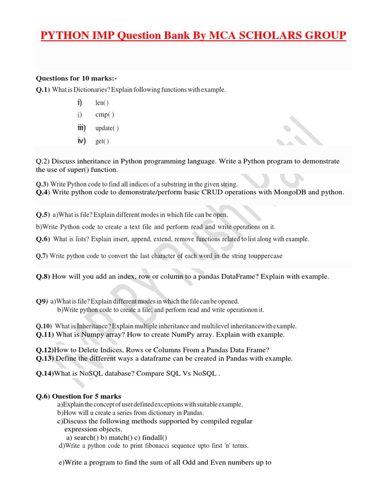Python Imp Question Bank by MCA SCHOLARS Group | PDF | Database Index ... Python Imp Question Bank by MCA SCHOLARS Group | PDF | Database Index ...