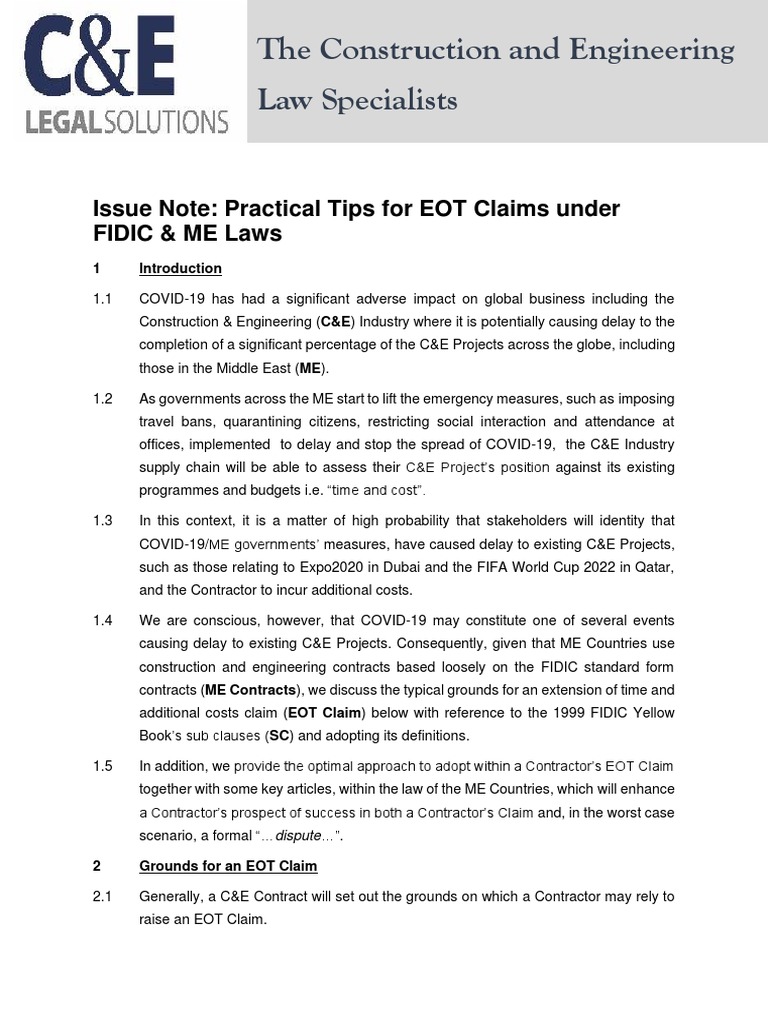 Issue Note Practical Tips For EOT Claims Under FIDIC ME Laws | Download ...