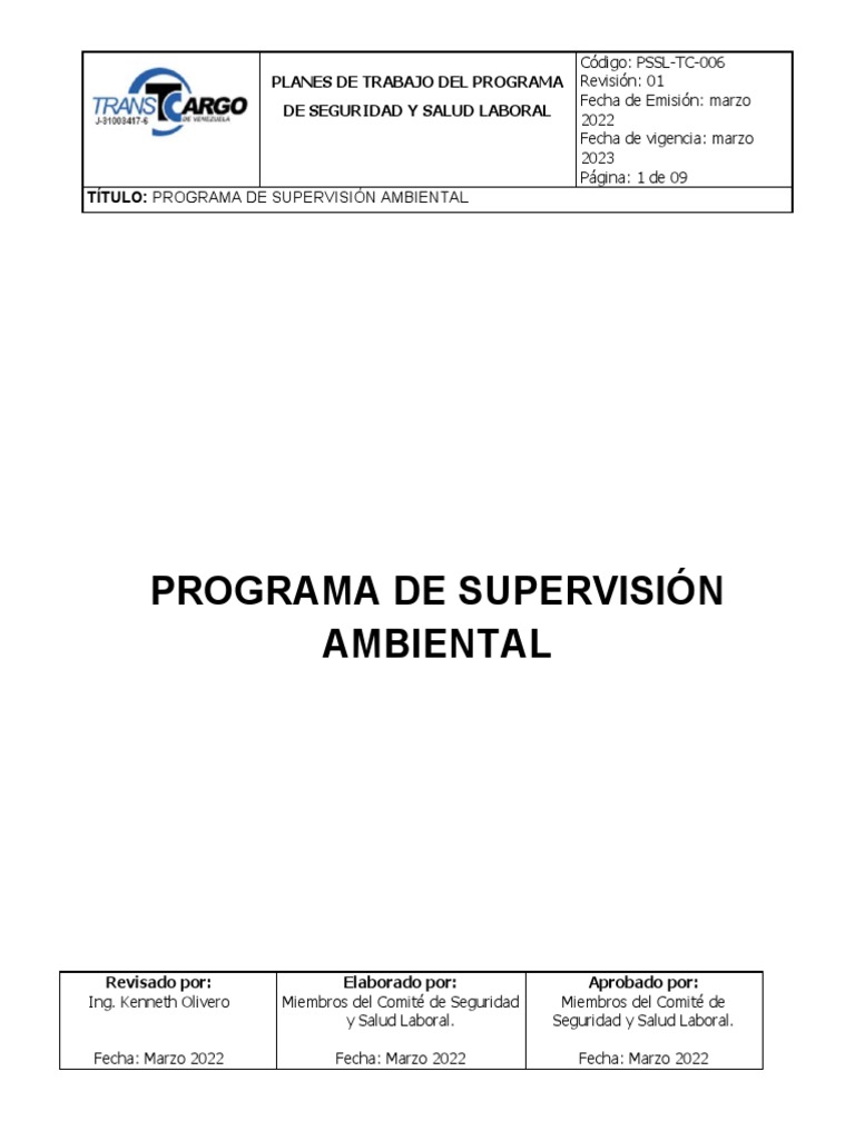 Programa de Supervisión Ambiental | Descargar gratis PDF | Seguridad y salud ocupacional