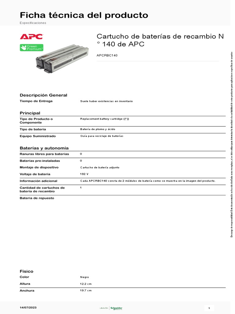 Cartuchos de Baterías de Recambio - APCRBC140 | PDF | Ciencias fisicas