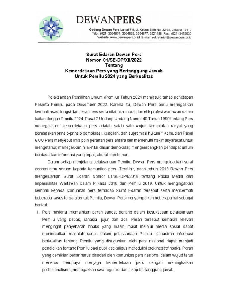 01-Surat Edaran Dewan Pers Tentang Pemilu 2022 | PDF 01-Surat Edaran Dewan Pers Tentang Pemilu 2022 | PDF