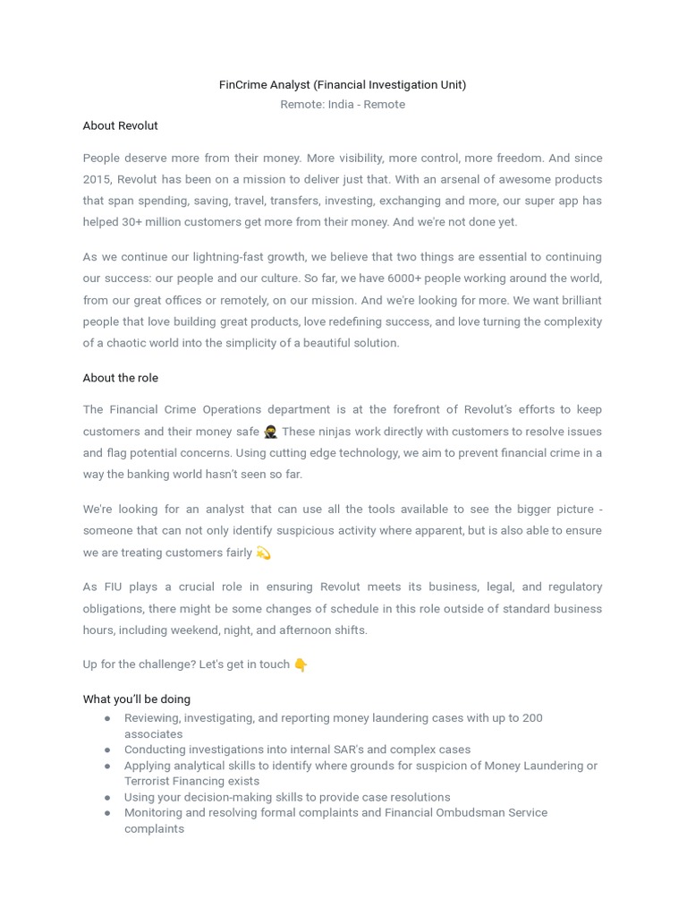 FinCrime Analyst (Financial Investigation Unit) | PDF | Money ...