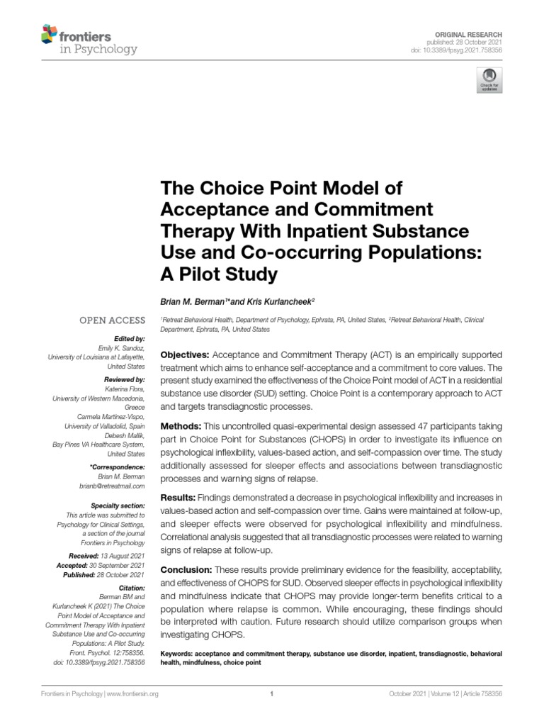 The Choice Point Model of Acceptance and Commitment Therapy With ...