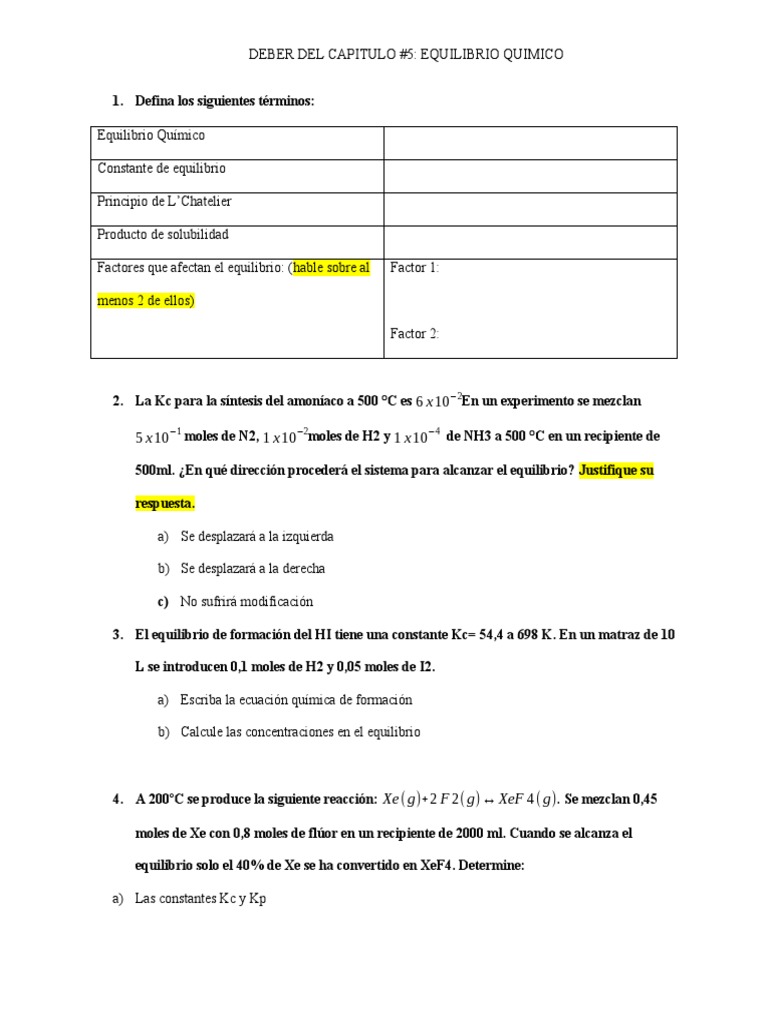 Deber Cap 5 EQ | PDF | Equilibrio químico | Amoníaco