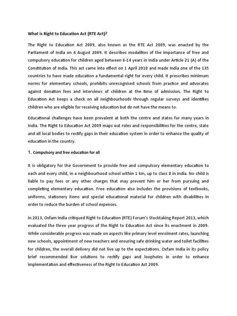 Right To Education Act | PDF