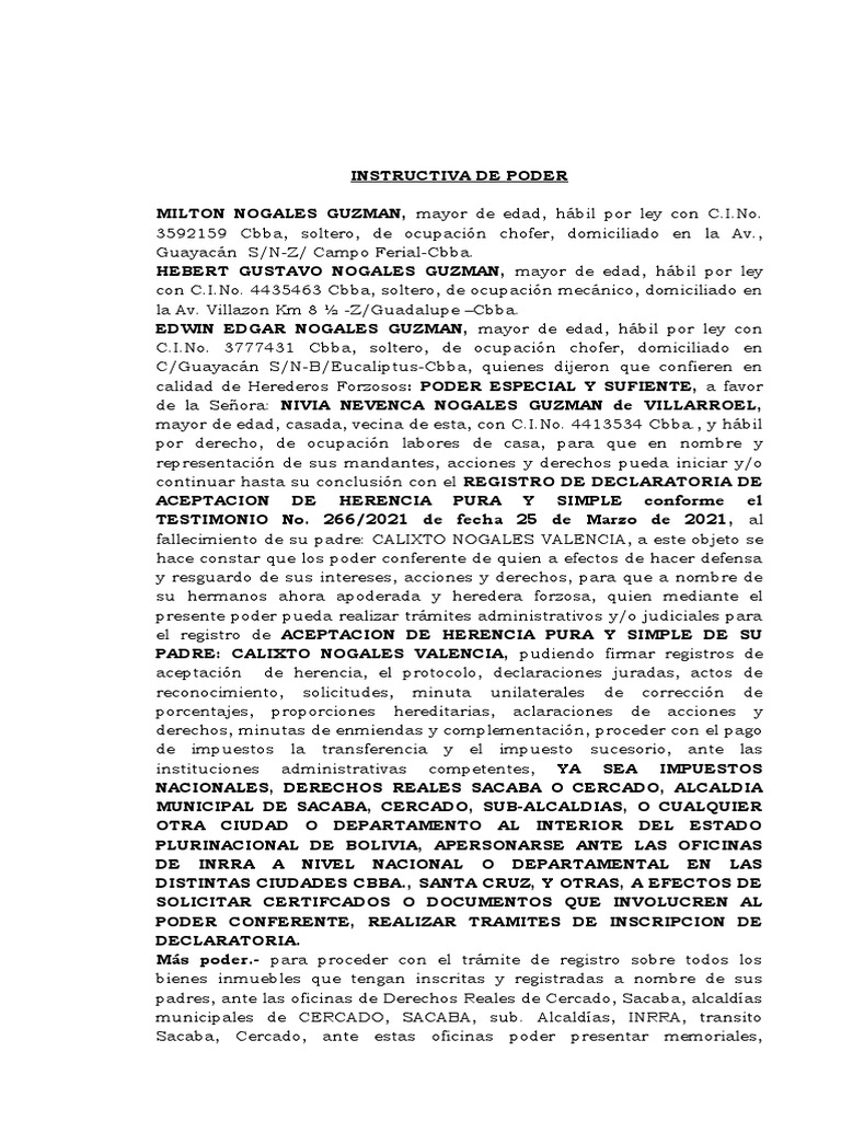 INSTRUCTIVA DE PODER Bolivia | PDF | Mandato | Confesión (ley)