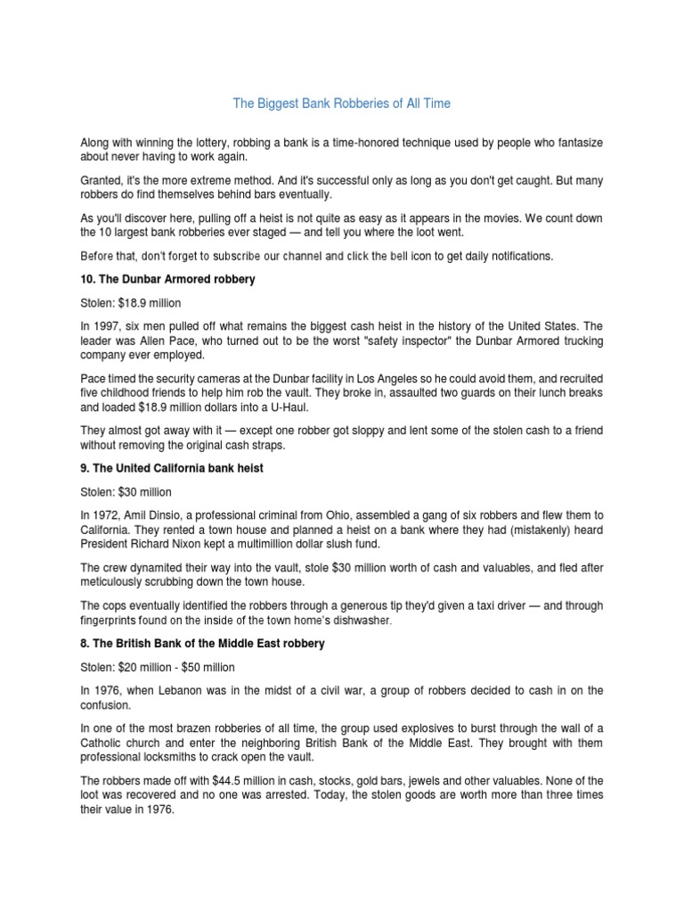 The Biggest Bank Robberies of All Time | Download Free PDF | Bank ...