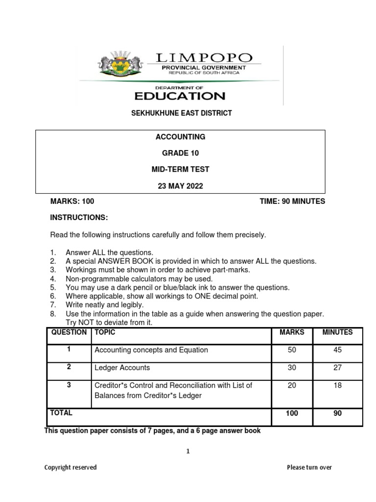 Acc GR 10 Mid QP 2022-3 | PDF | Debits And Credits | Bookkeeping
