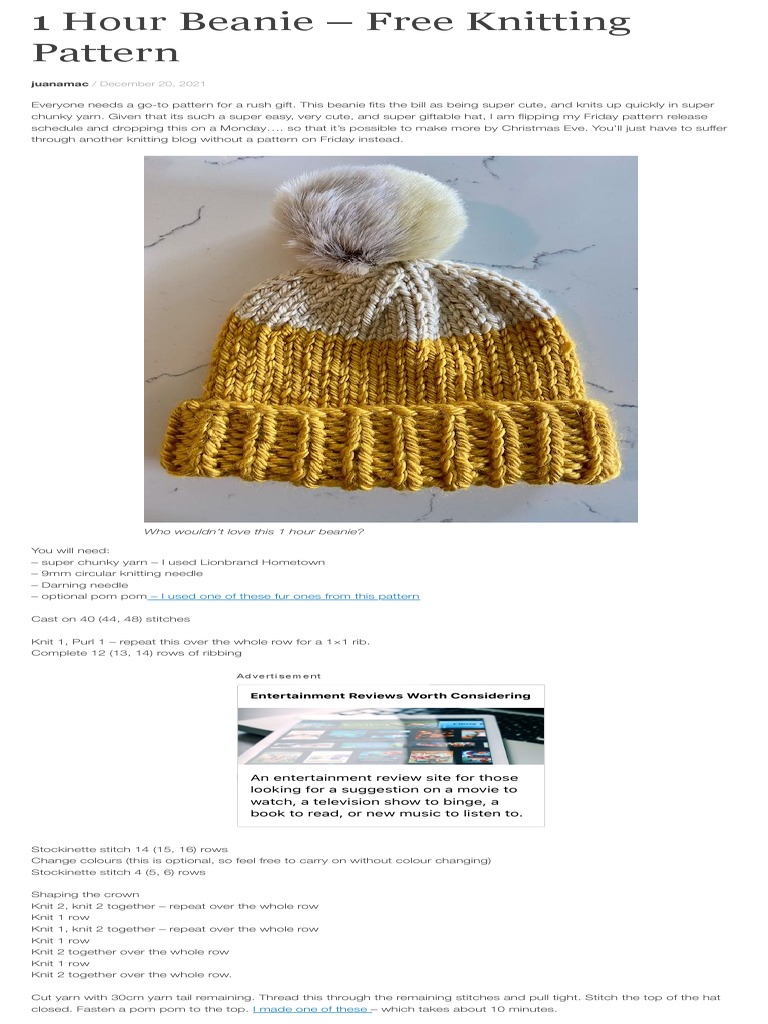 1 Hour Beanie - Free Knitting Pattern The Knit Guru | PDF | Knitting ...