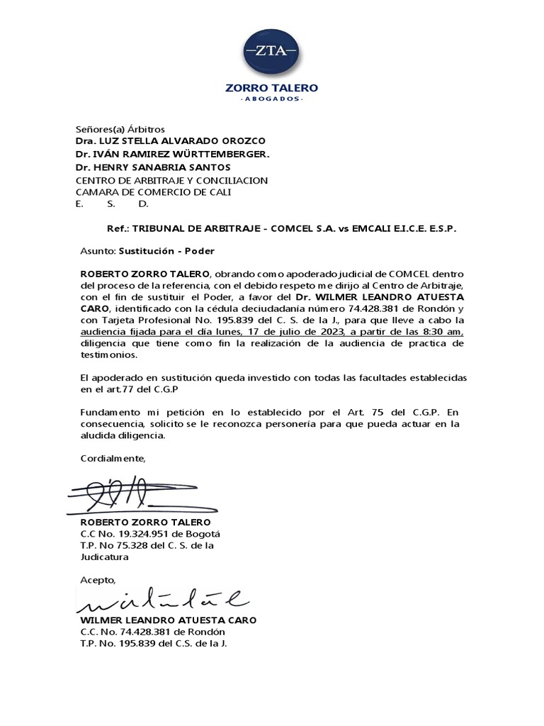 Sustitucion Poder Tribunal Arbitral COMCEL Vs EMCALI | PDF